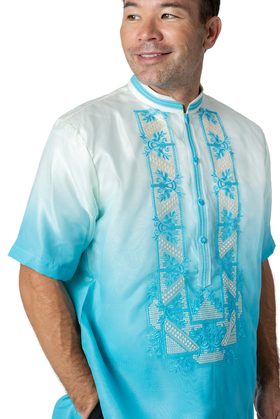 MO48 - Organza Barong Tagalog Short-Sleeve Aqua Blue
